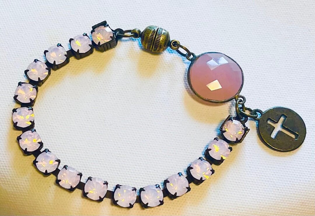 Pink Rhinestones, Bracelet, Cross Bracelet, Rose Quartz, Pink Bracelet ...