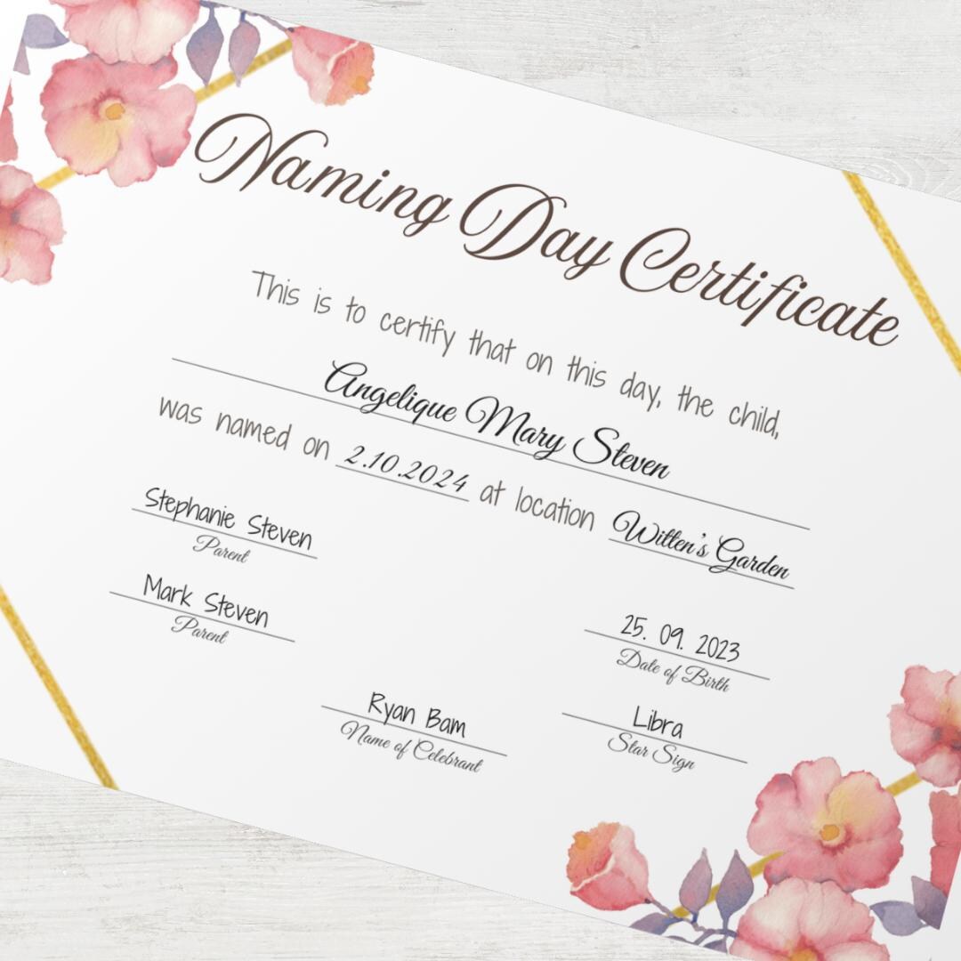 Editable Baby Girl Naming Day Certificate Template | Pink Floral & Gold ...