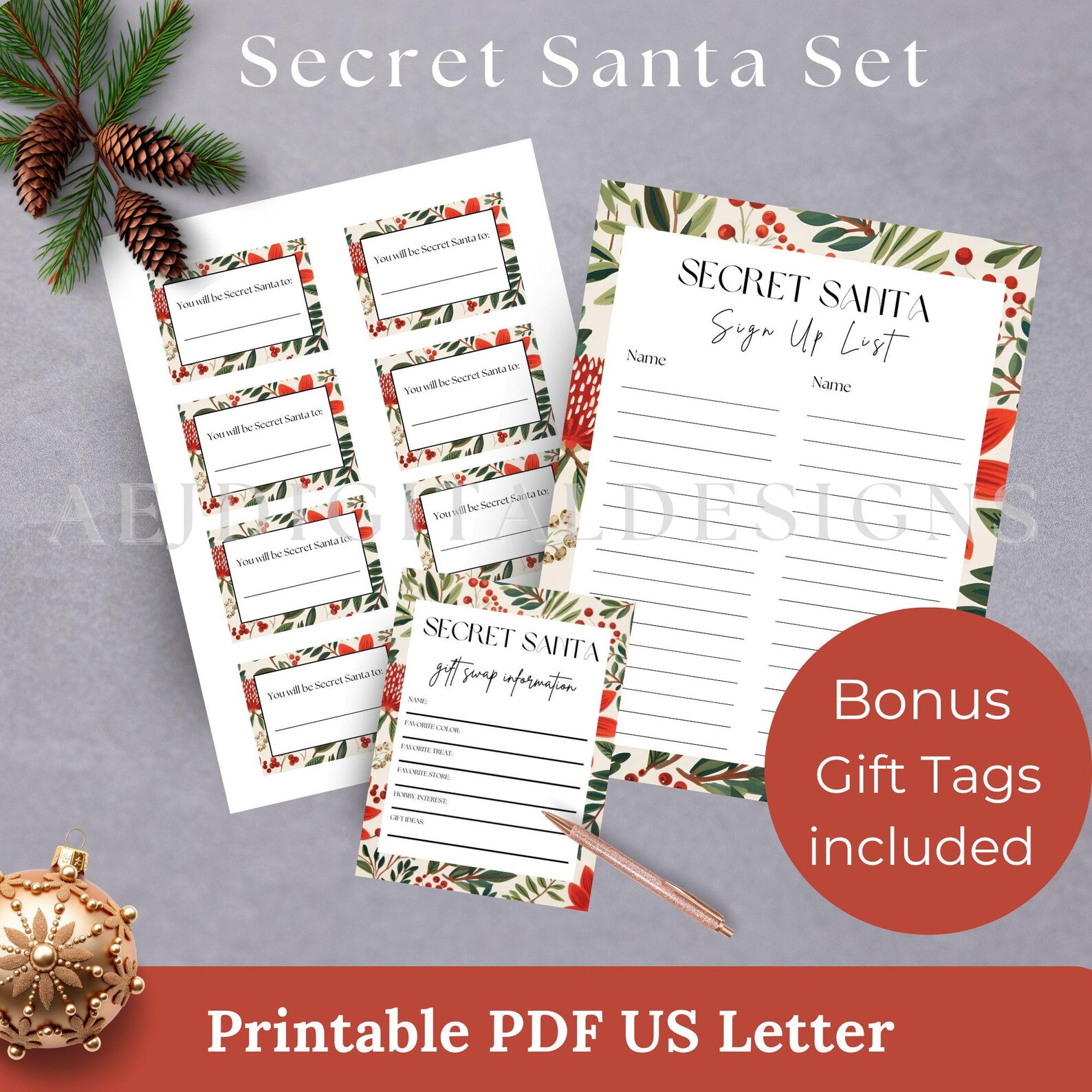 Secret Santa Set Printable PDF, Traditional Christmas Gift Swap, Secret ...