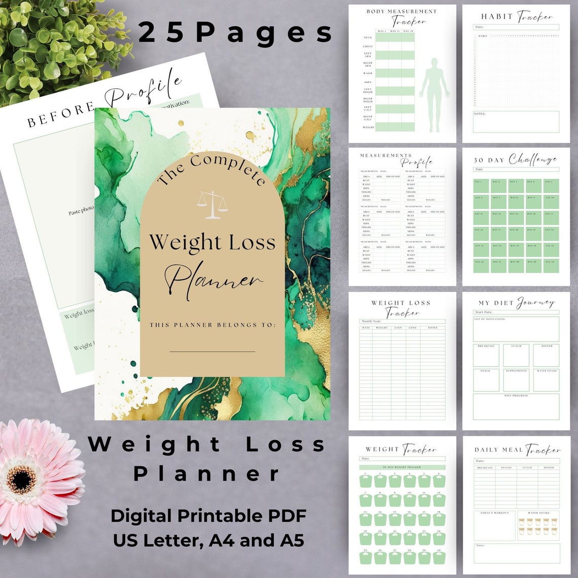 Emerald Green Weight Loss Planner, Diet Journal (digital Printable PDF ...