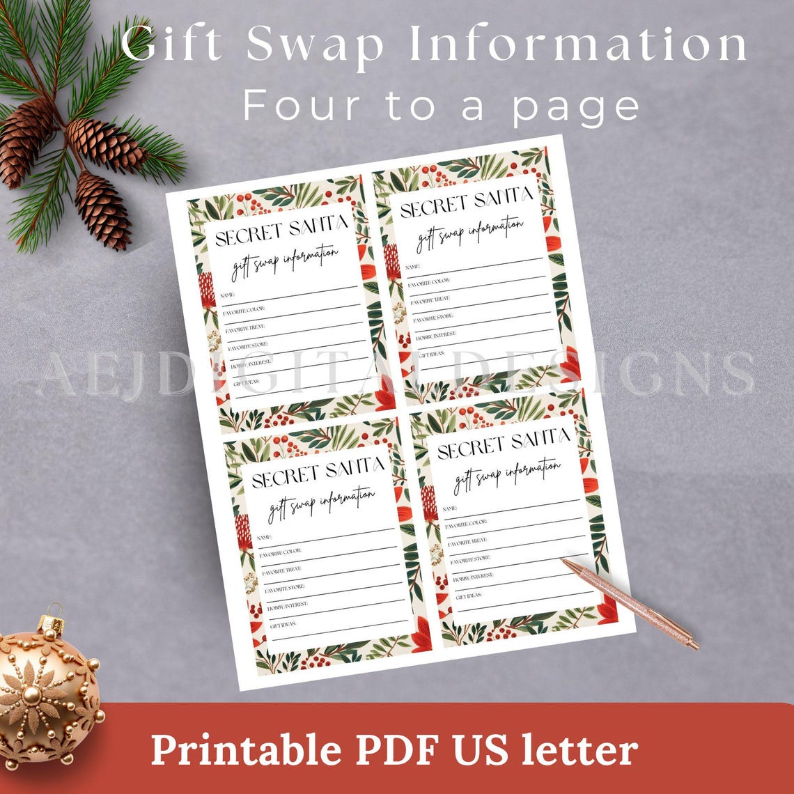 Secret Santa Set Printable PDF, Traditional Christmas Gift Swap, Secret ...