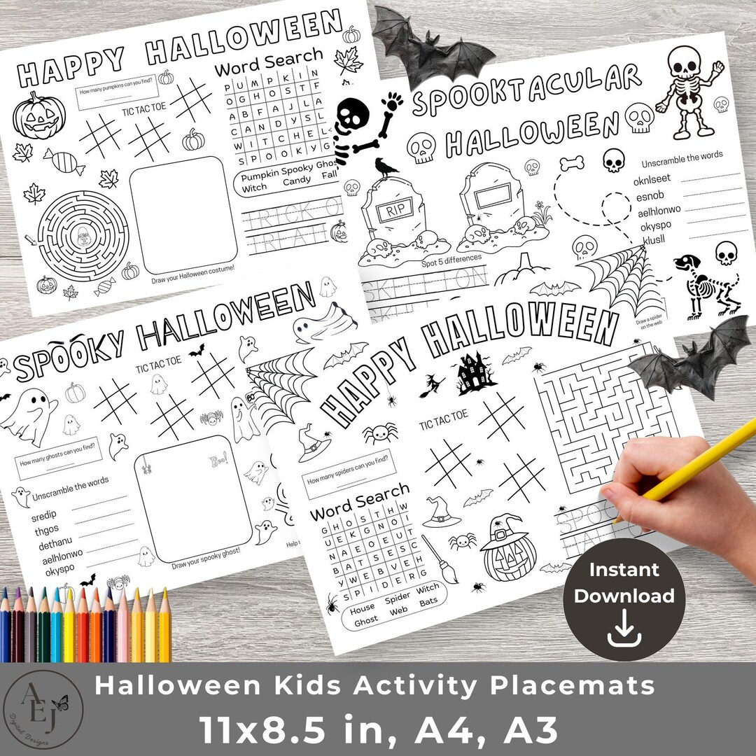 Halloween Kids Activity Placemats, Four Printable Designs, Mazes, Word ...