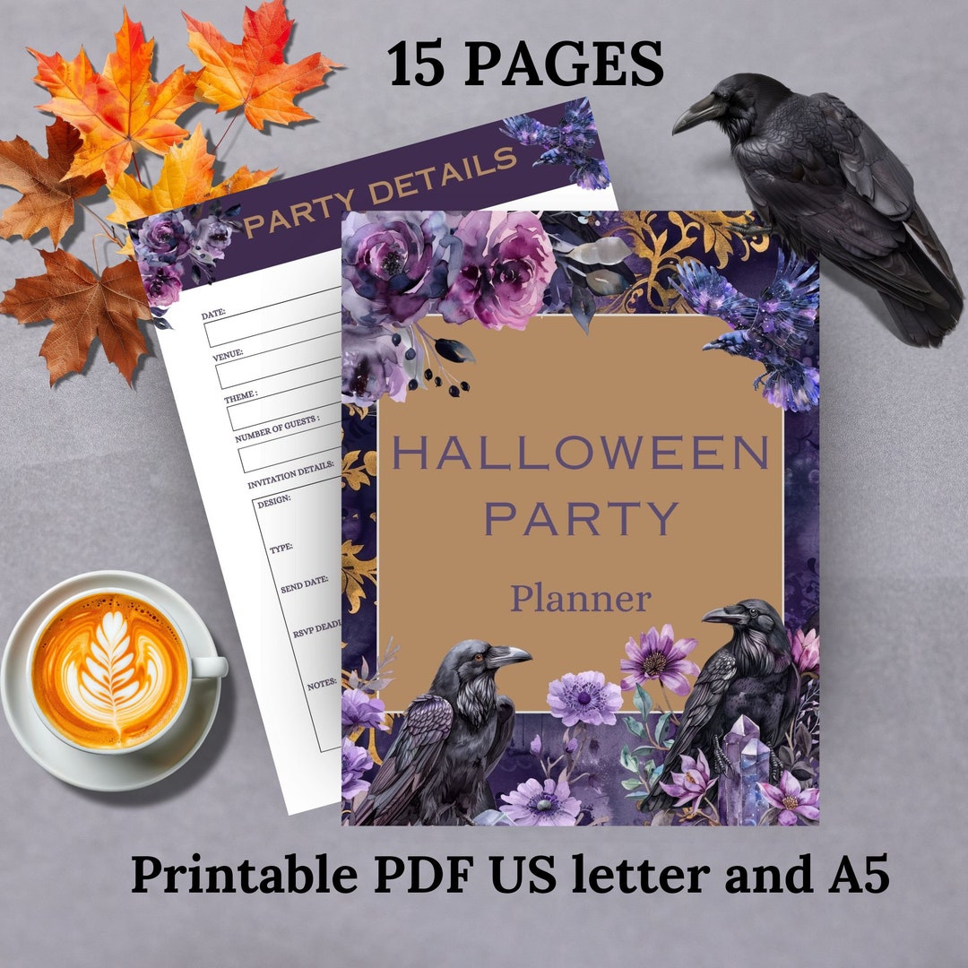 Gothic Halloween Party Planner, Black Raven Purple Floral (printable ...