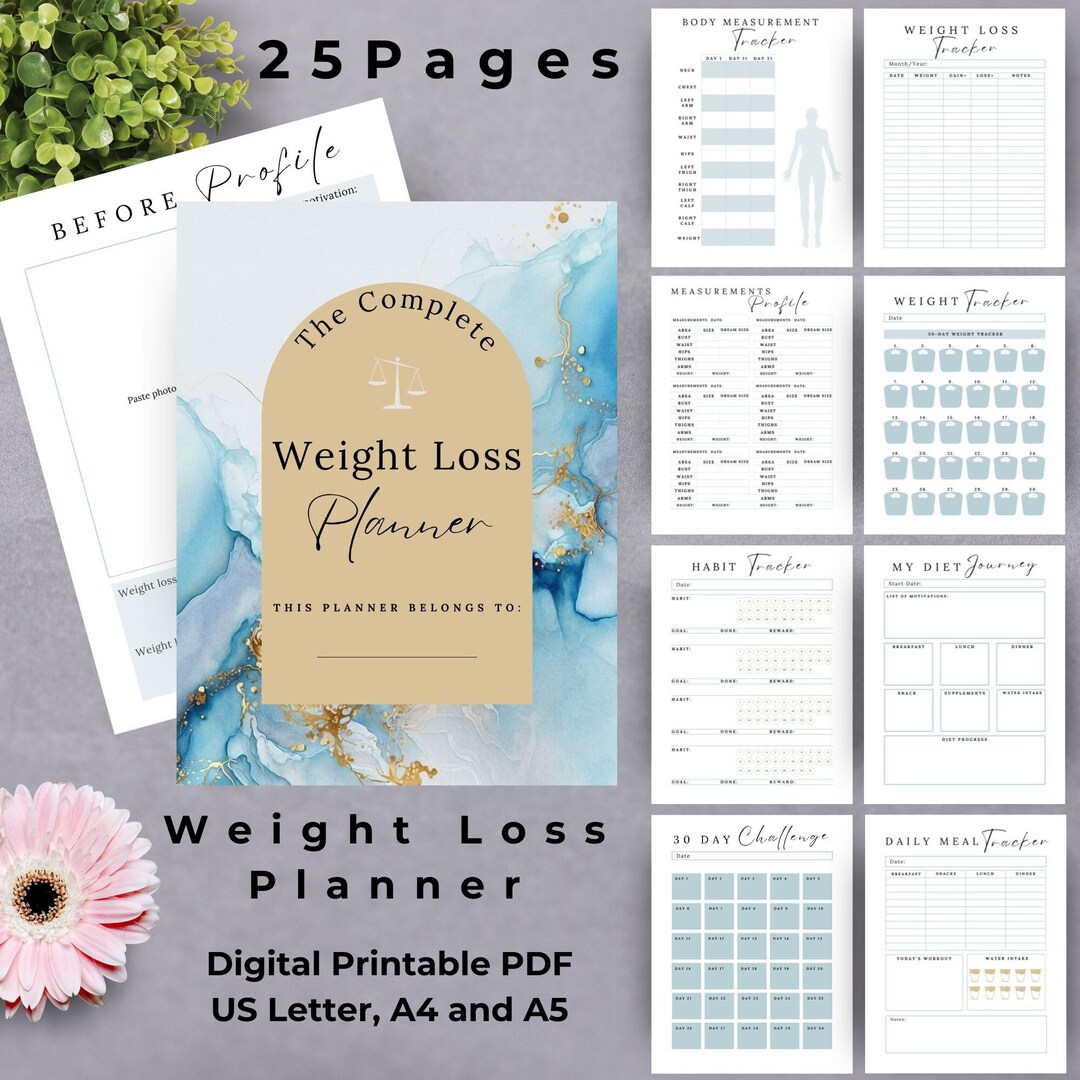Pale Blue Weight Loss Planner, Fitness and Diet Tracker (digital ...