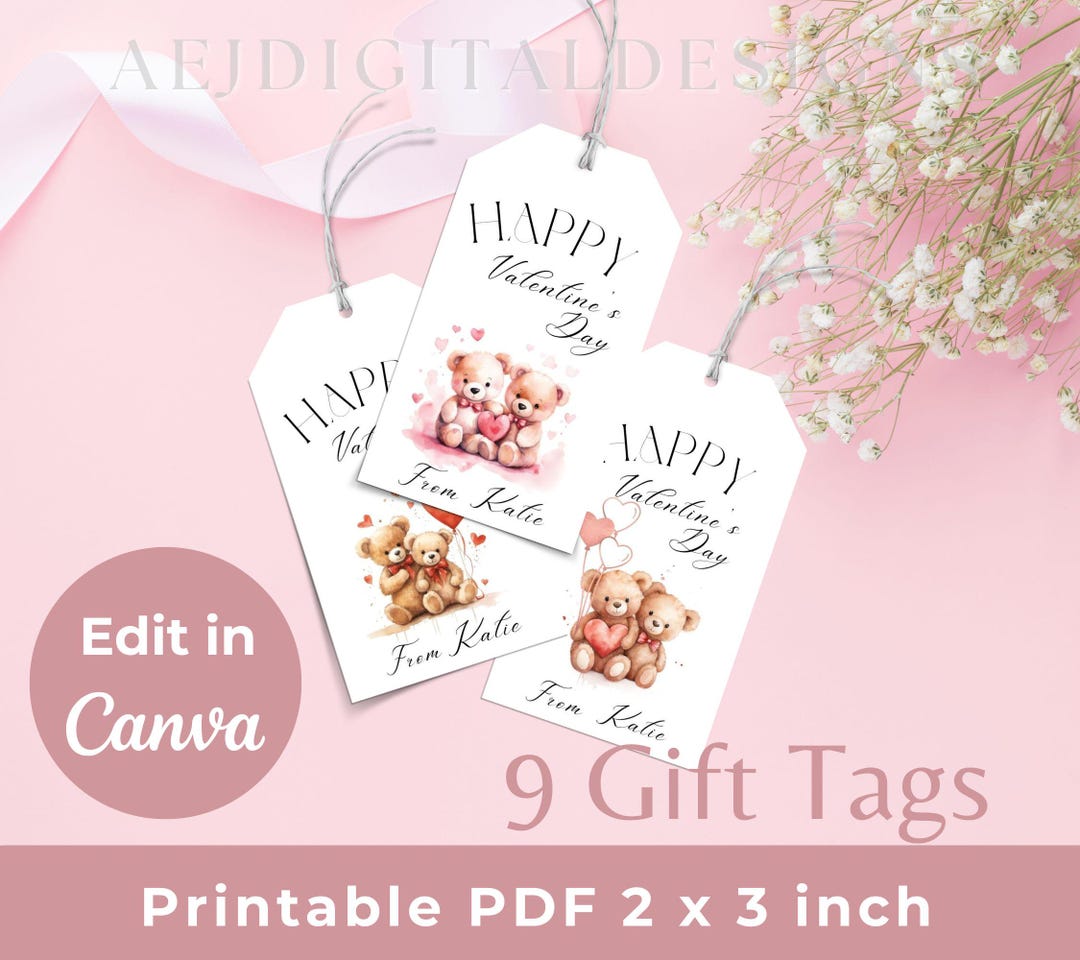 Valentine's Day Editable Gift Tags, Cute Teddy Bears Gift Tags ...