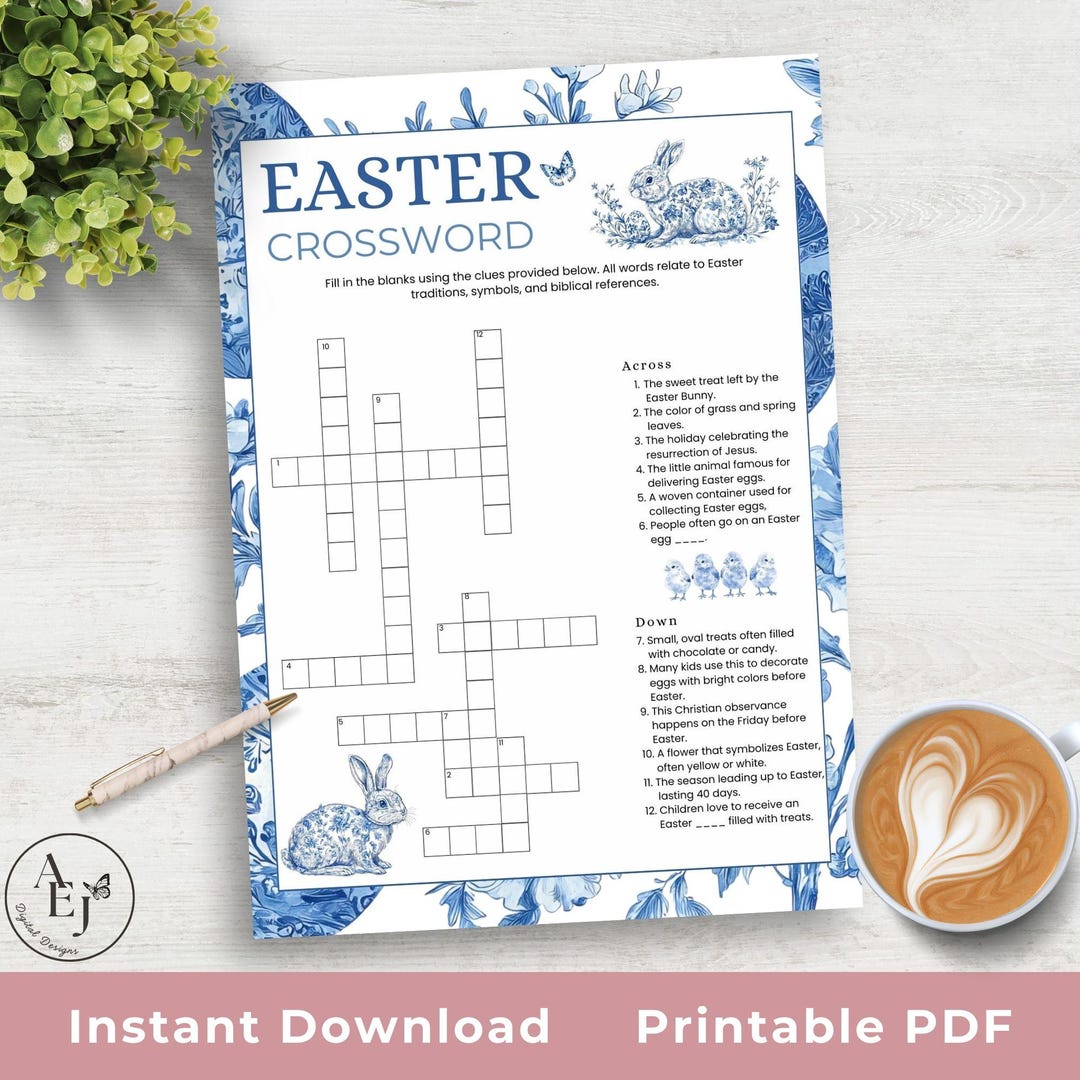 Blue Toile Easter Crossword Puzzle, Easter Activity for Kids, Easter ...