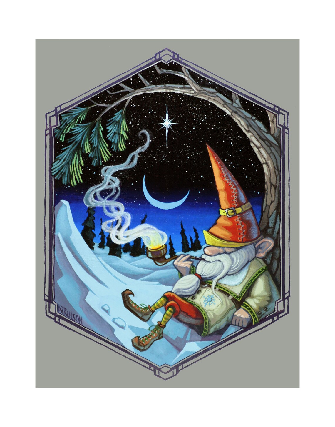 Winter Gnome Smoking a Pipe Illustration, Signed Art Print, Wall Art of ...