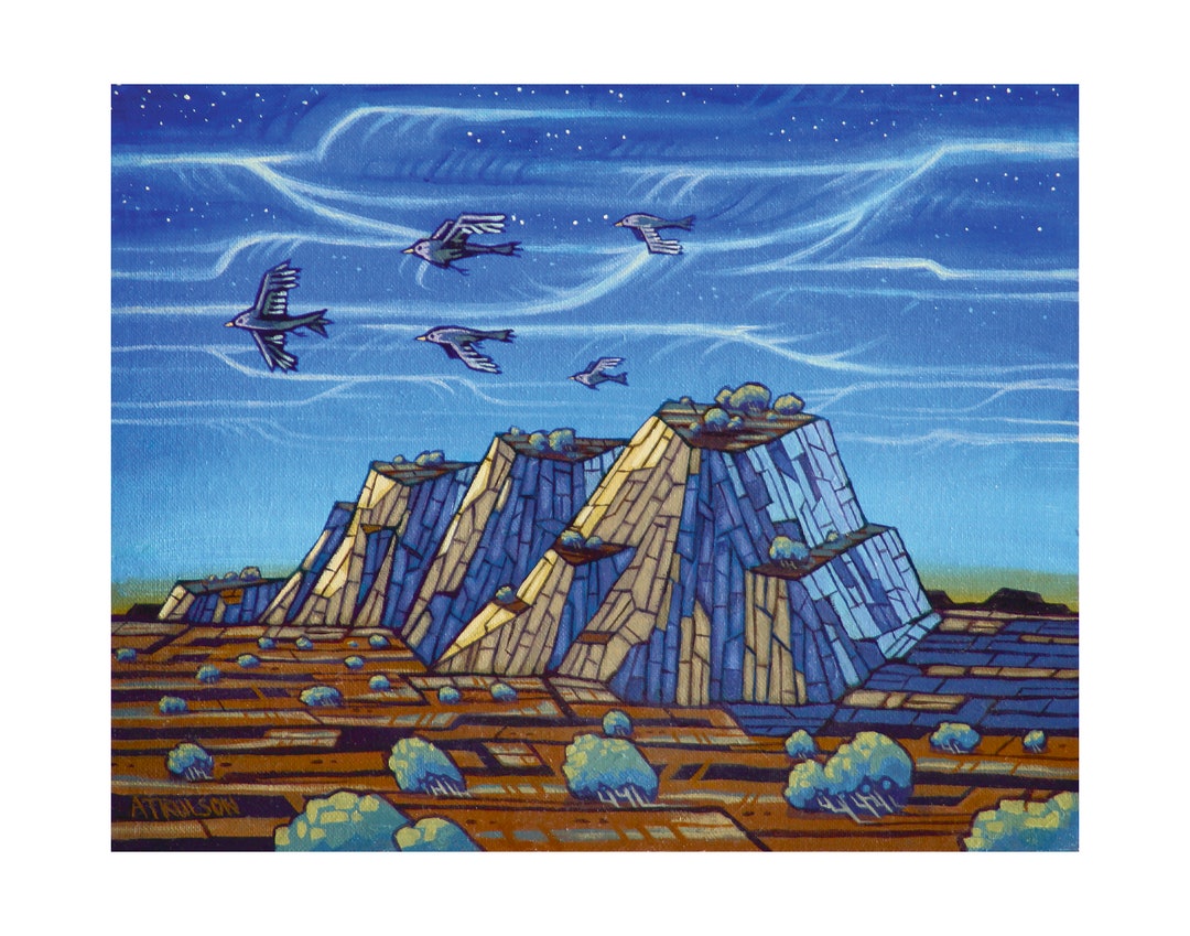 Bird Migration Desert Mountains, Signed Art Print, Wall Art of Acrylic ...