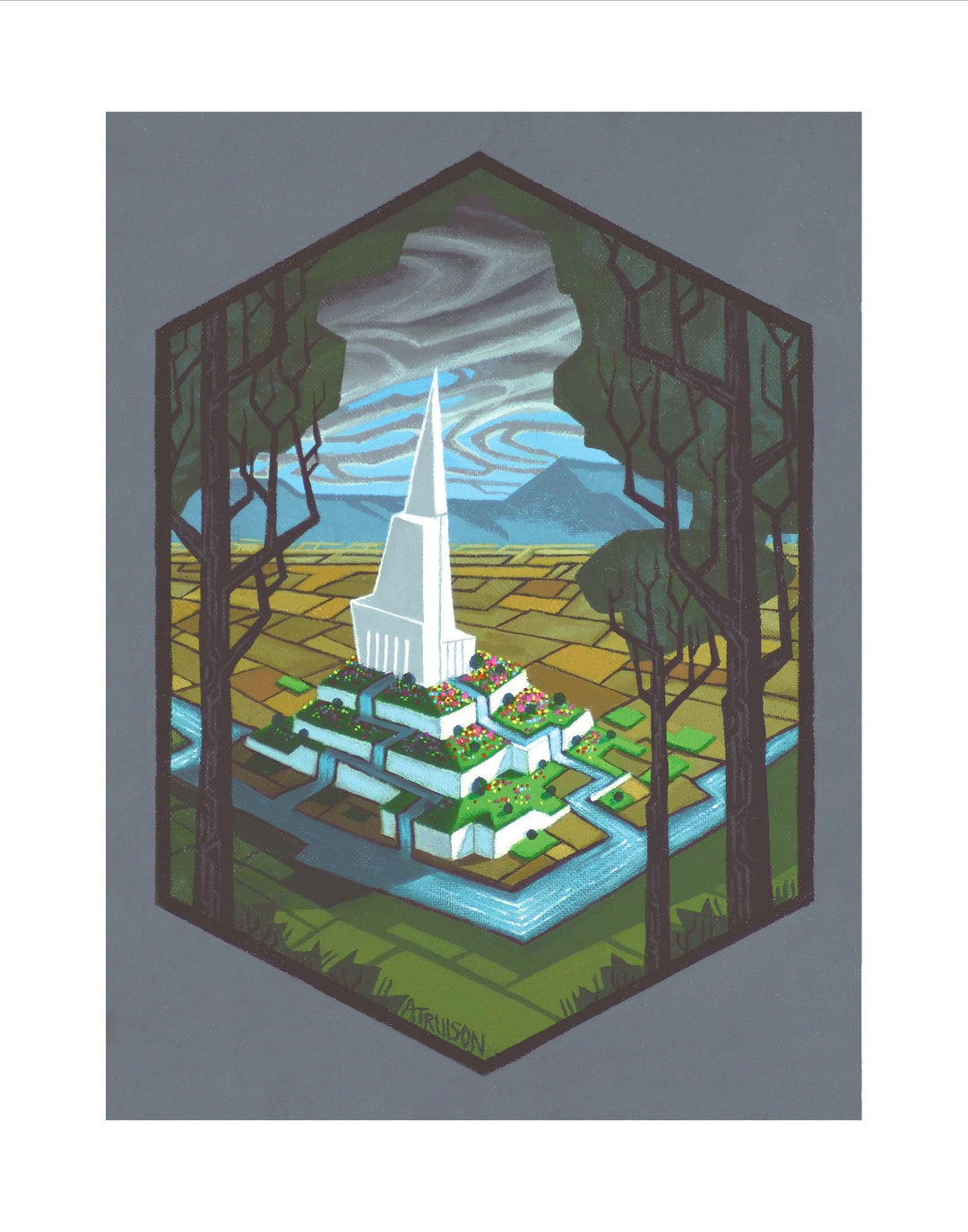 Temple Stylized Landscape Illustration, Signed Art Print, Wall Art of ...