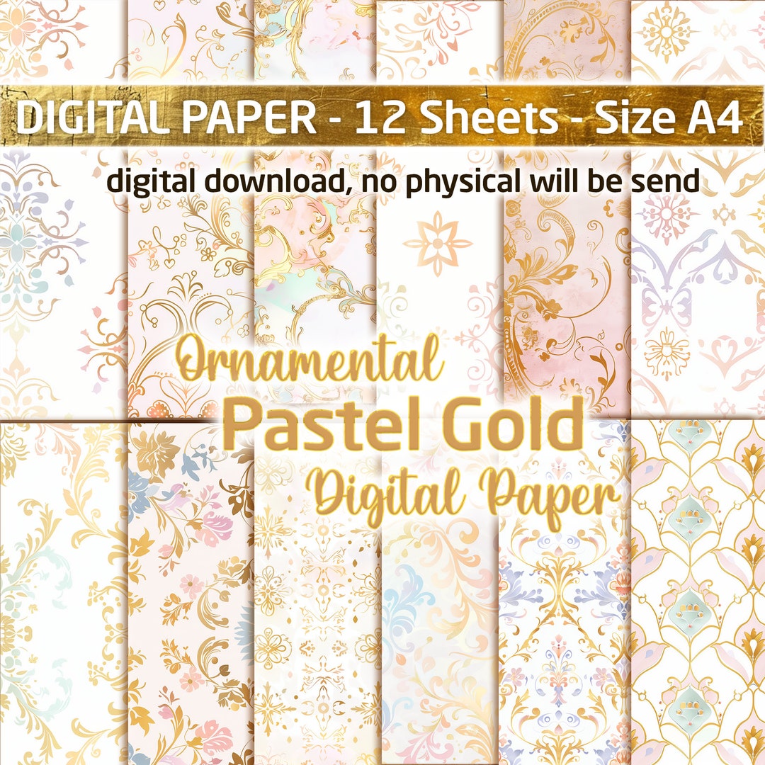 Ornamental Printable Pastel Gold Paper, 12 Images, Digital Paper, A4 ...