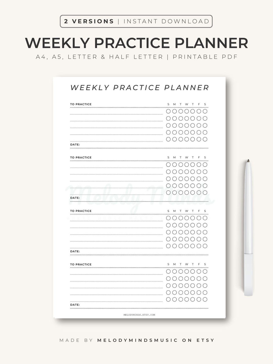 Weekly Music Practice Planner | Printable PDF | Progress Tracker for ...