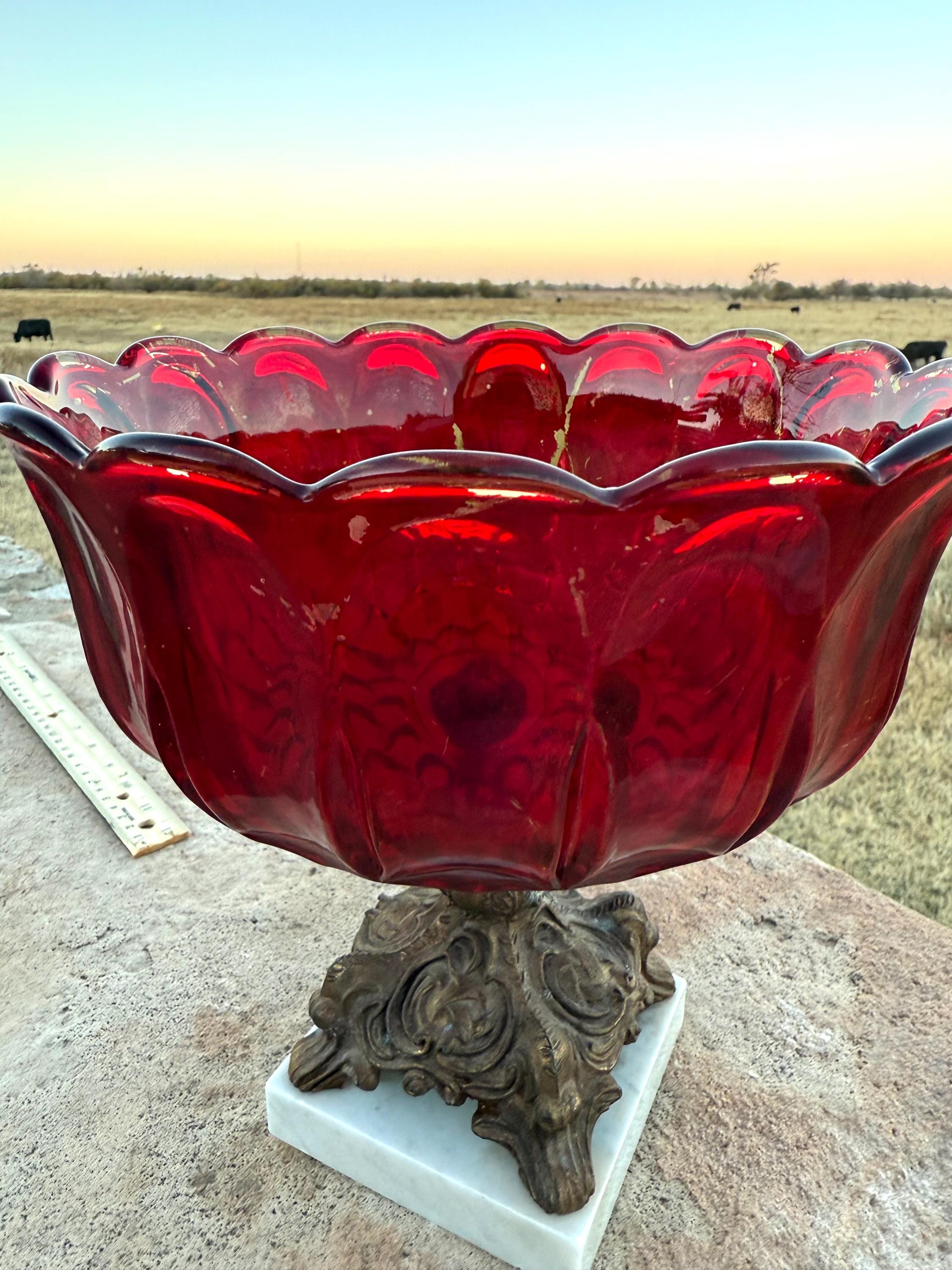 Vintage Ruby Red Glass Compote Bowl, Ornate Metal Base Centerpiece - Etsy