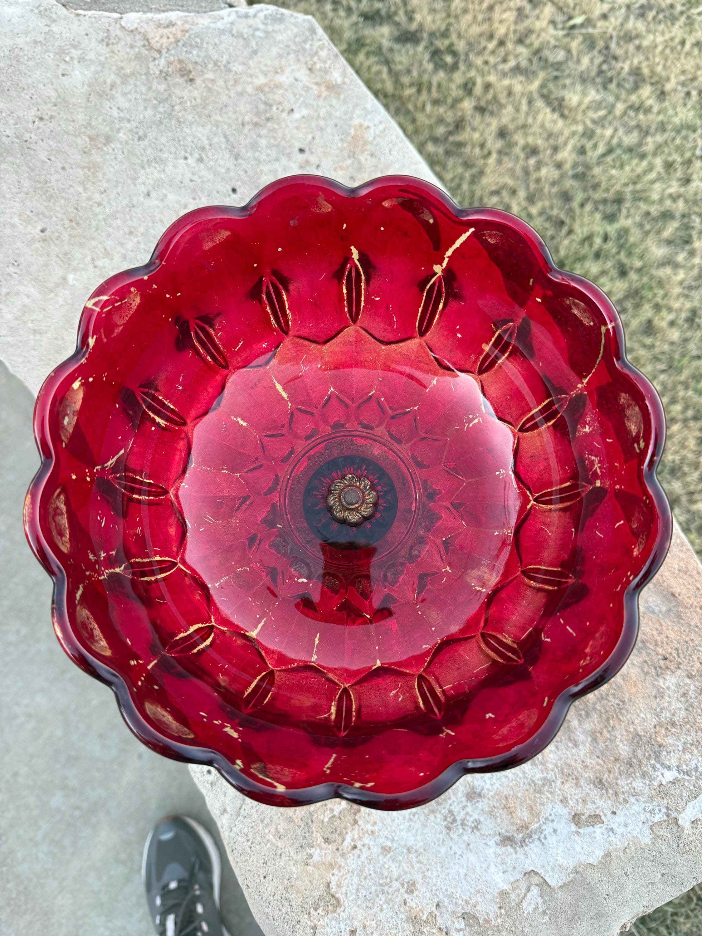 Vintage Ruby Red Glass Compote Bowl, Ornate Metal Base Centerpiece - Etsy