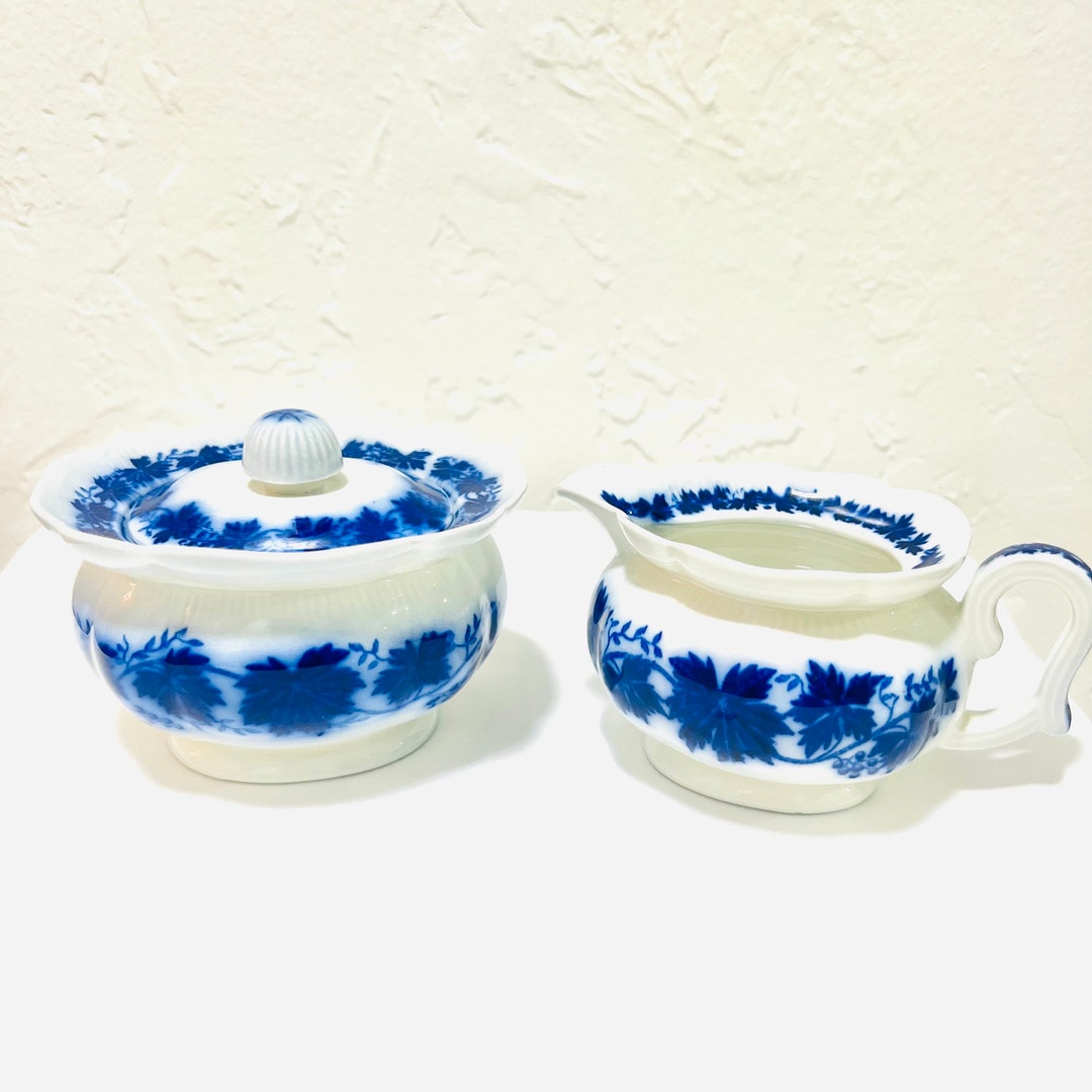 Rare Antique Flow Blue Vinranka by Gefle Porcelain Cream and Sugar ...