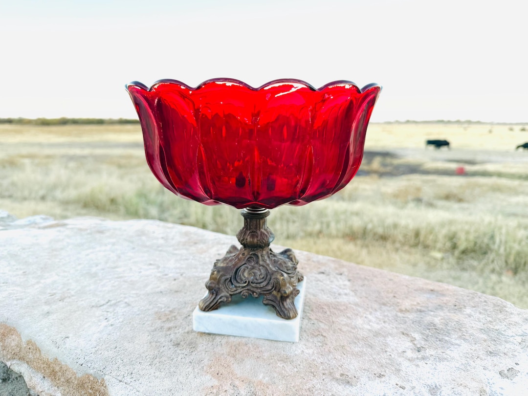 Vintage Ruby Red Glass Compote Bowl, Ornate Metal Base Centerpiece - Etsy