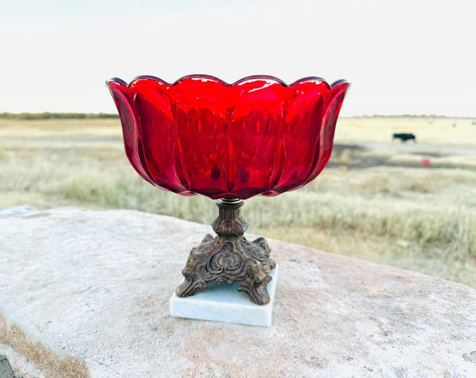 Vintage Ruby Red Glass Compote Bowl, Ornate Metal Base Centerpiece - Etsy