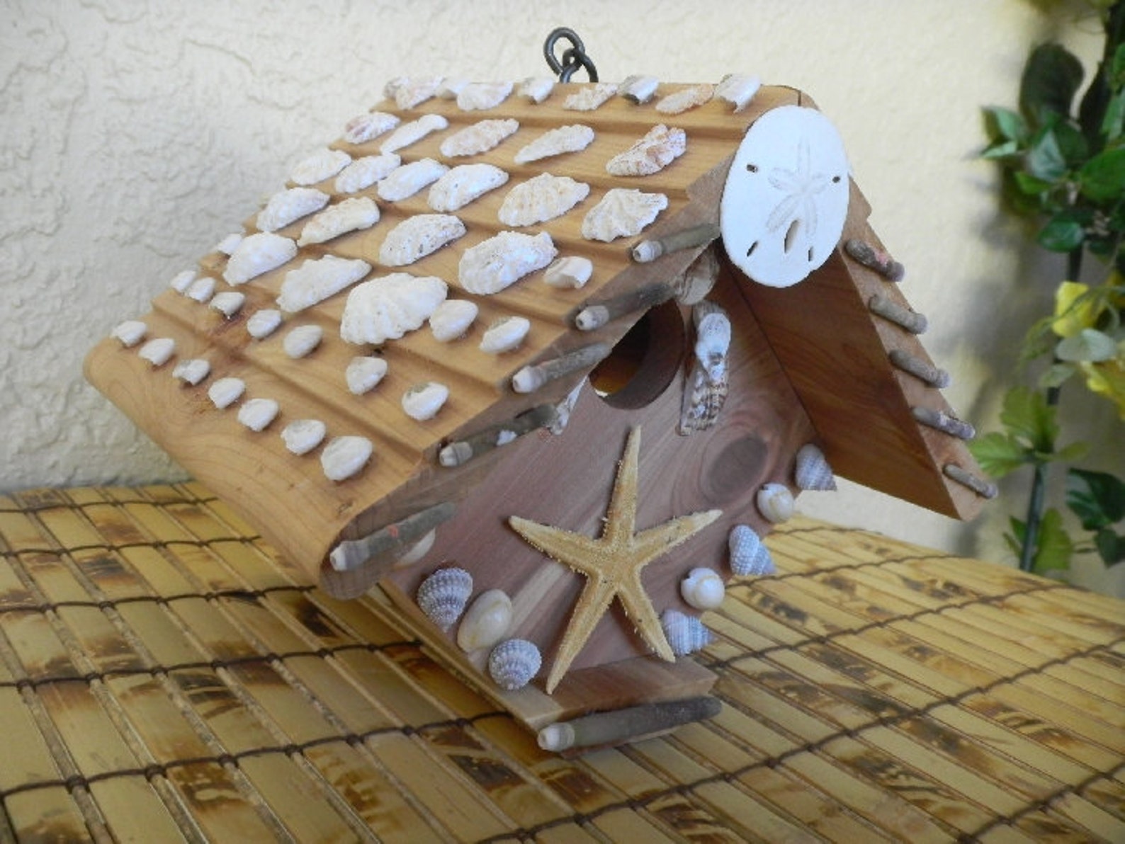 Cedar Bird House Wren House Seashell Embellished Bird House Garden Art ...