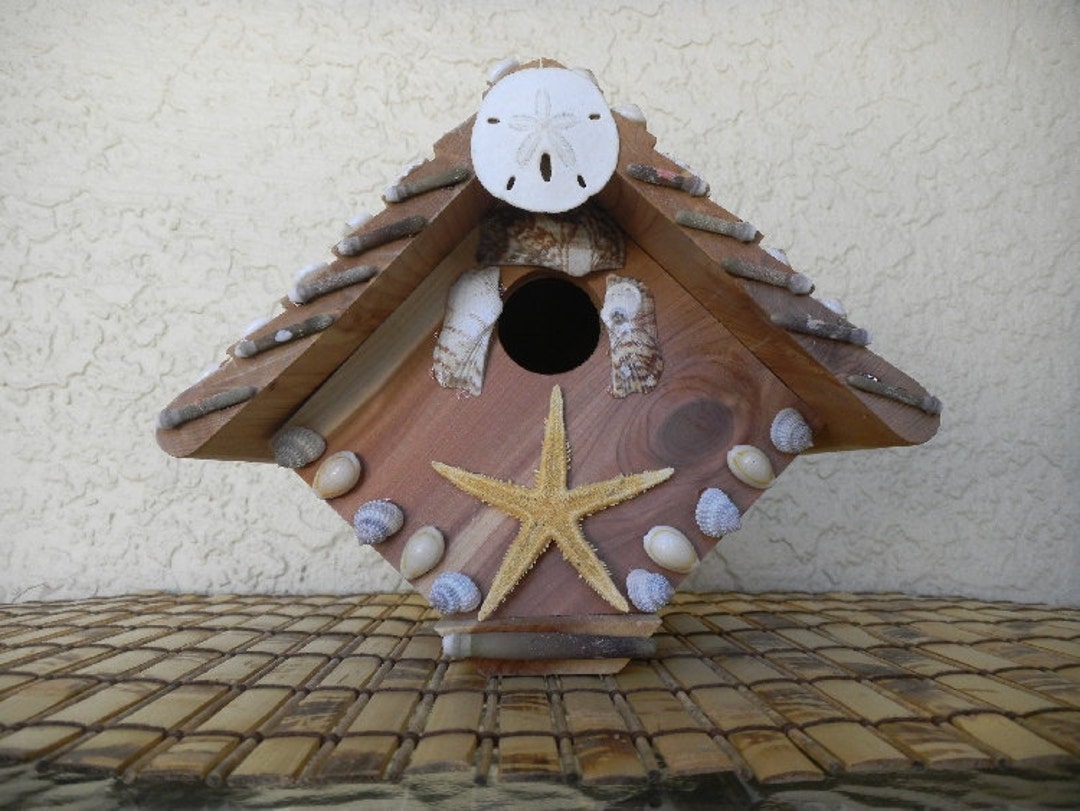 Cedar Bird House Wren House Seashell Embellished Bird House Garden Art ...