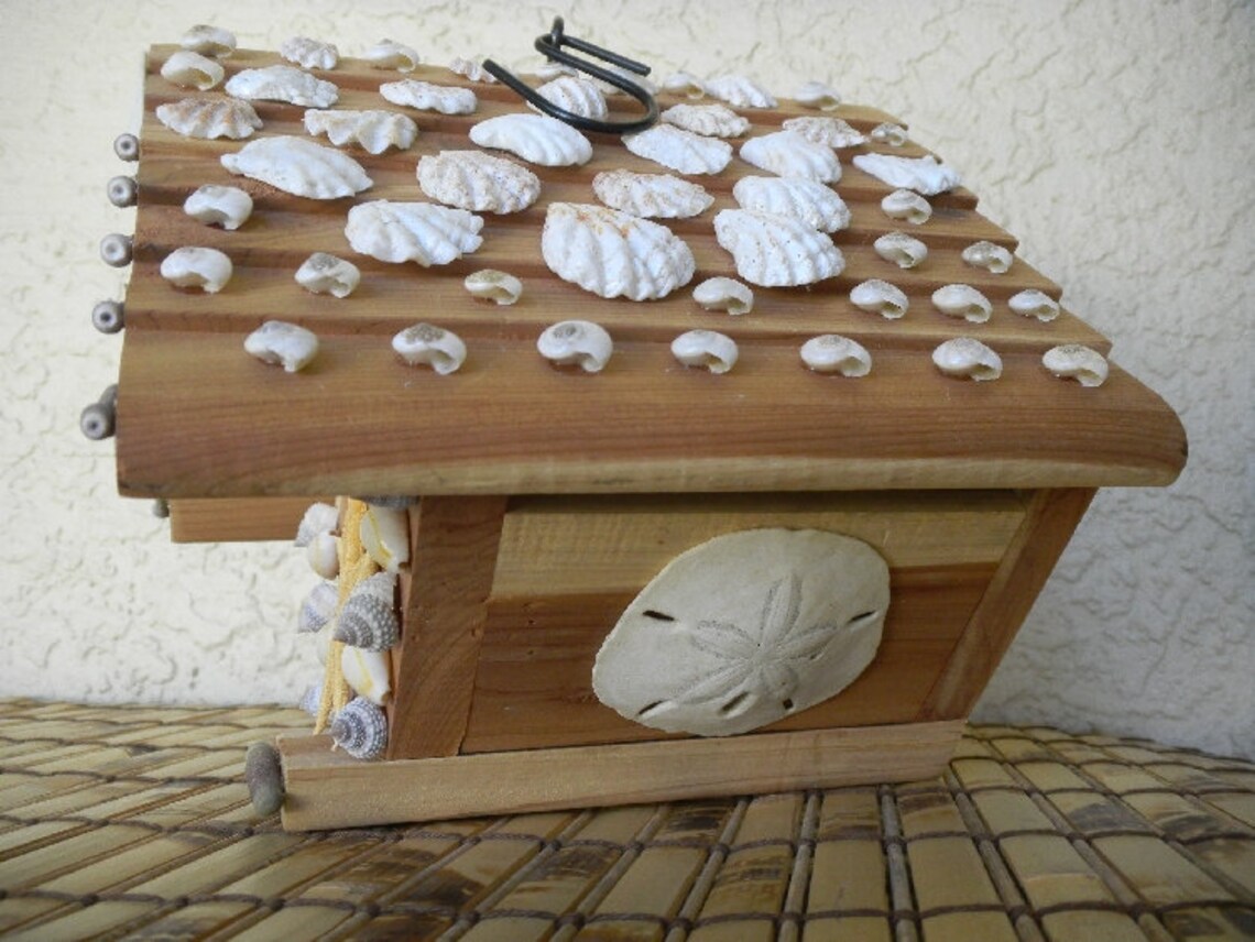 Cedar Bird House Wren House Seashell Embellished Bird House Garden Art ...