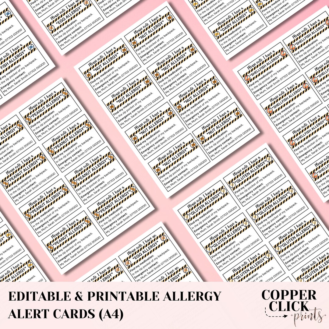 Customisable Medical Allergy Alert Cards, 7 Different Food Allergies ...