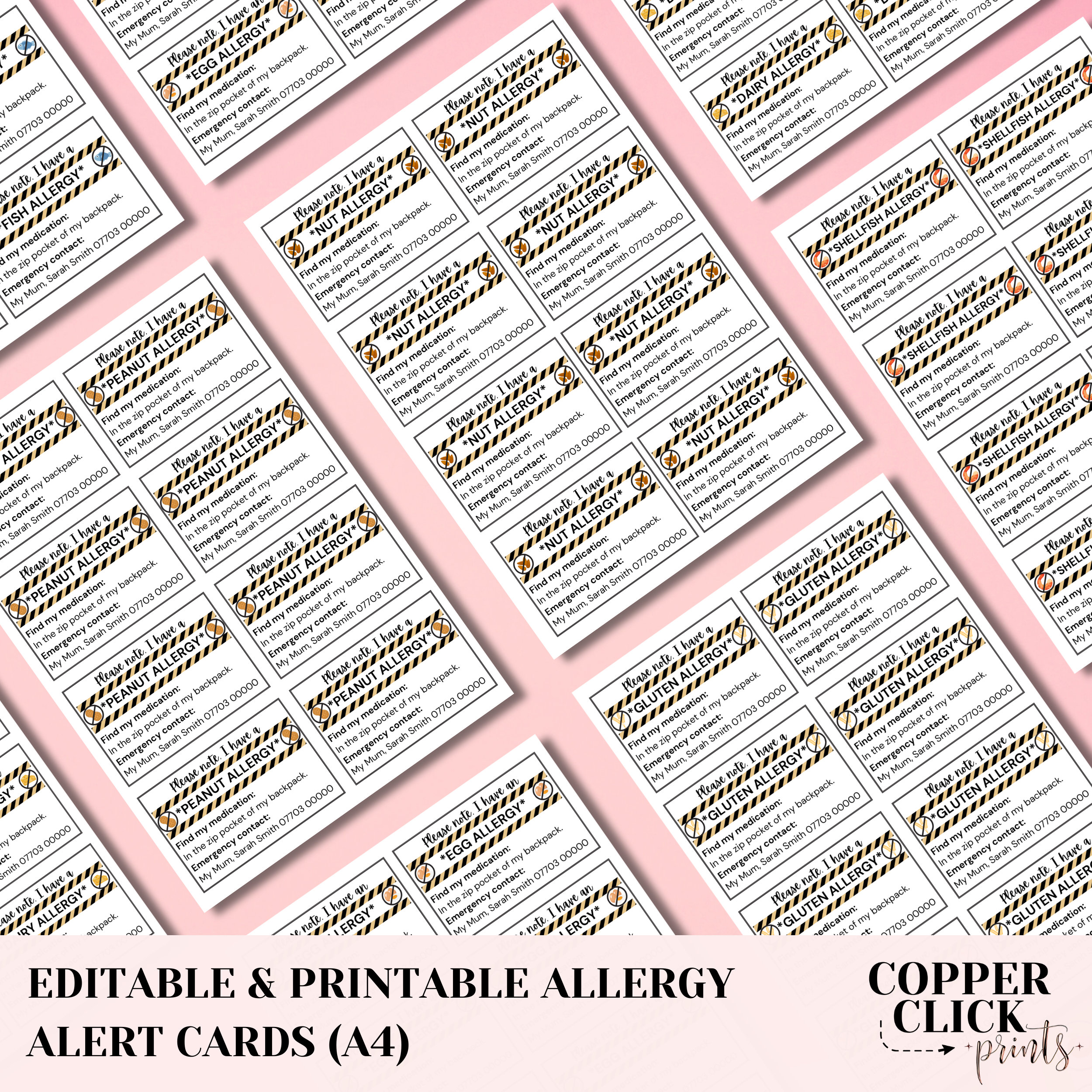 Customisable Medical Allergy Alert Cards, 7 Different Food Allergies ...