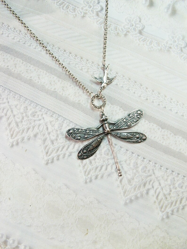 Silver Necklace SILVER DRAGONFLY and Sparrow Necklace - Etsy