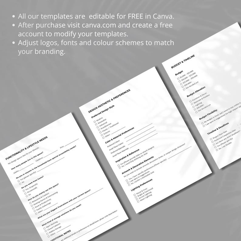 Interior Design Client Brief Form: Editable Canva Template (digital ...