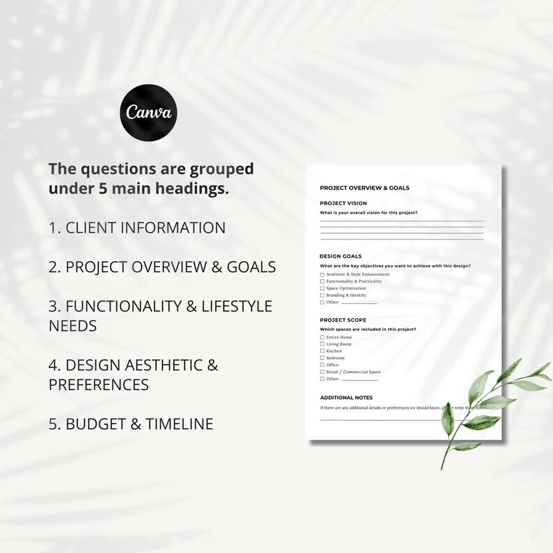 Interior Design Client Brief Form | Editable Canva Template | Digital ...