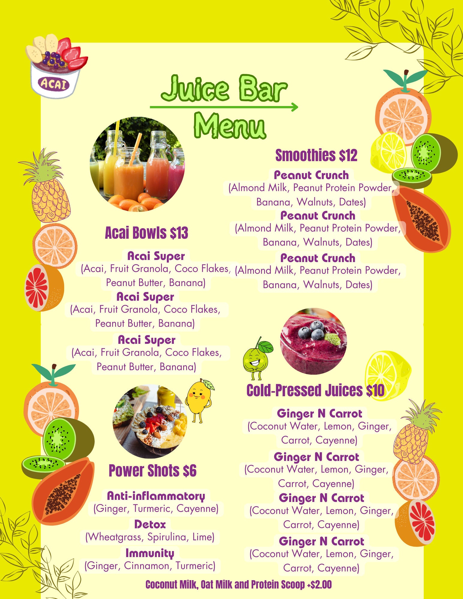 Tropical “juice Bar” Menu for Smoothies and Healthy Food. Printable and ...