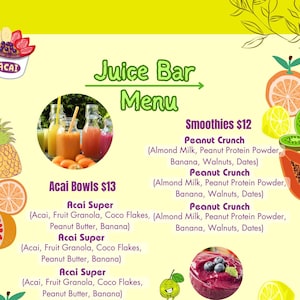 Tropical “juice Bar” Menu for Smoothies and Healthy Food. Printable and ...