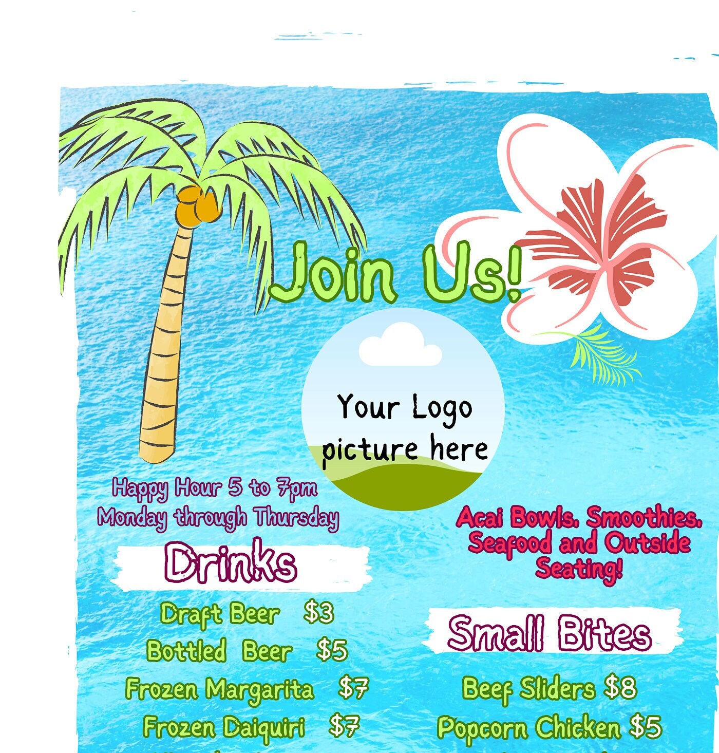Tropical Beach "happy Hour Menu" Banner and Promo for Specials Events ...