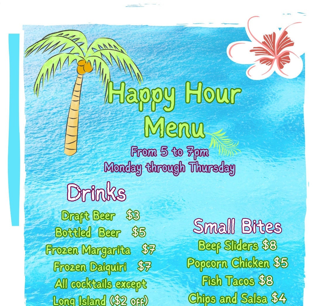 Tropical "happy Hour" Menu Printable and Customizable for Restaurants ...