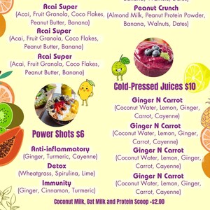 Tropical “juice Bar” Menu for Smoothies and Healthy Food. Printable and ...