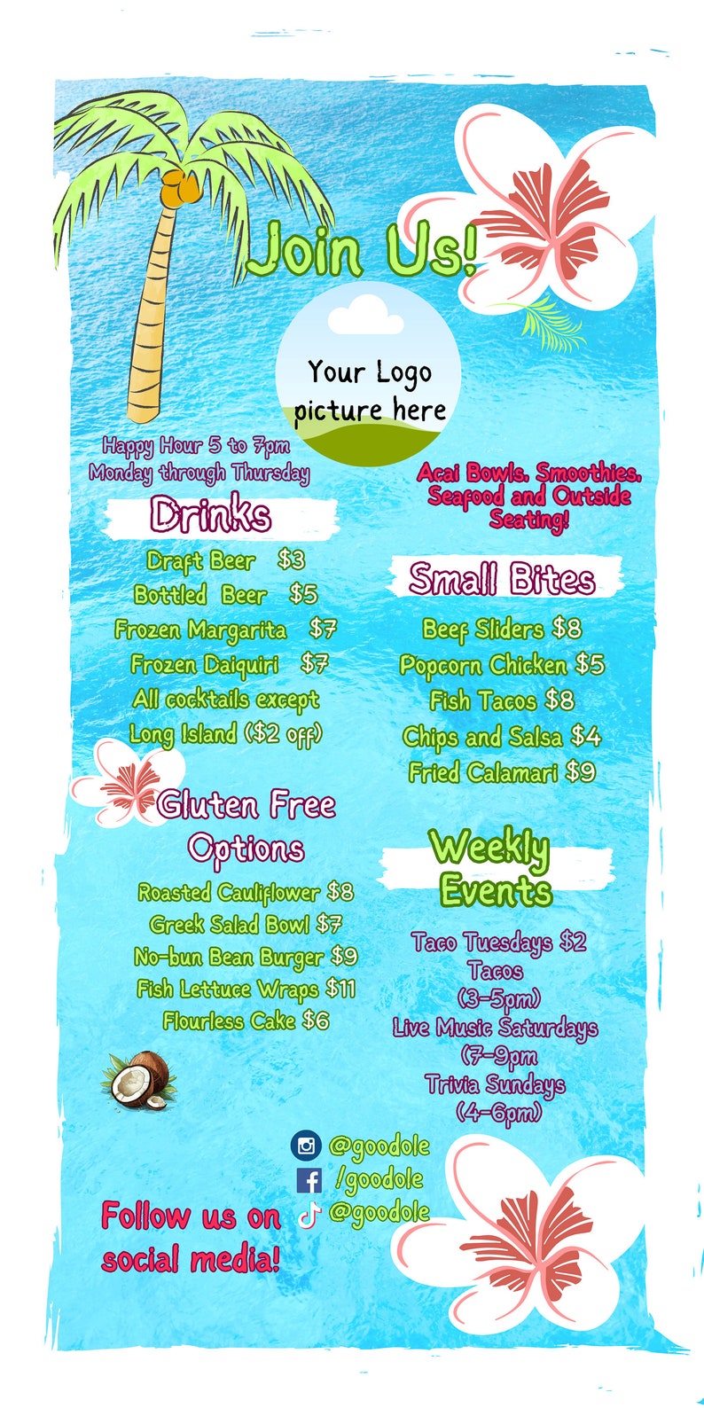 Tropical Beach "happy Hour Menu" Banner and Promo for Specials Events ...