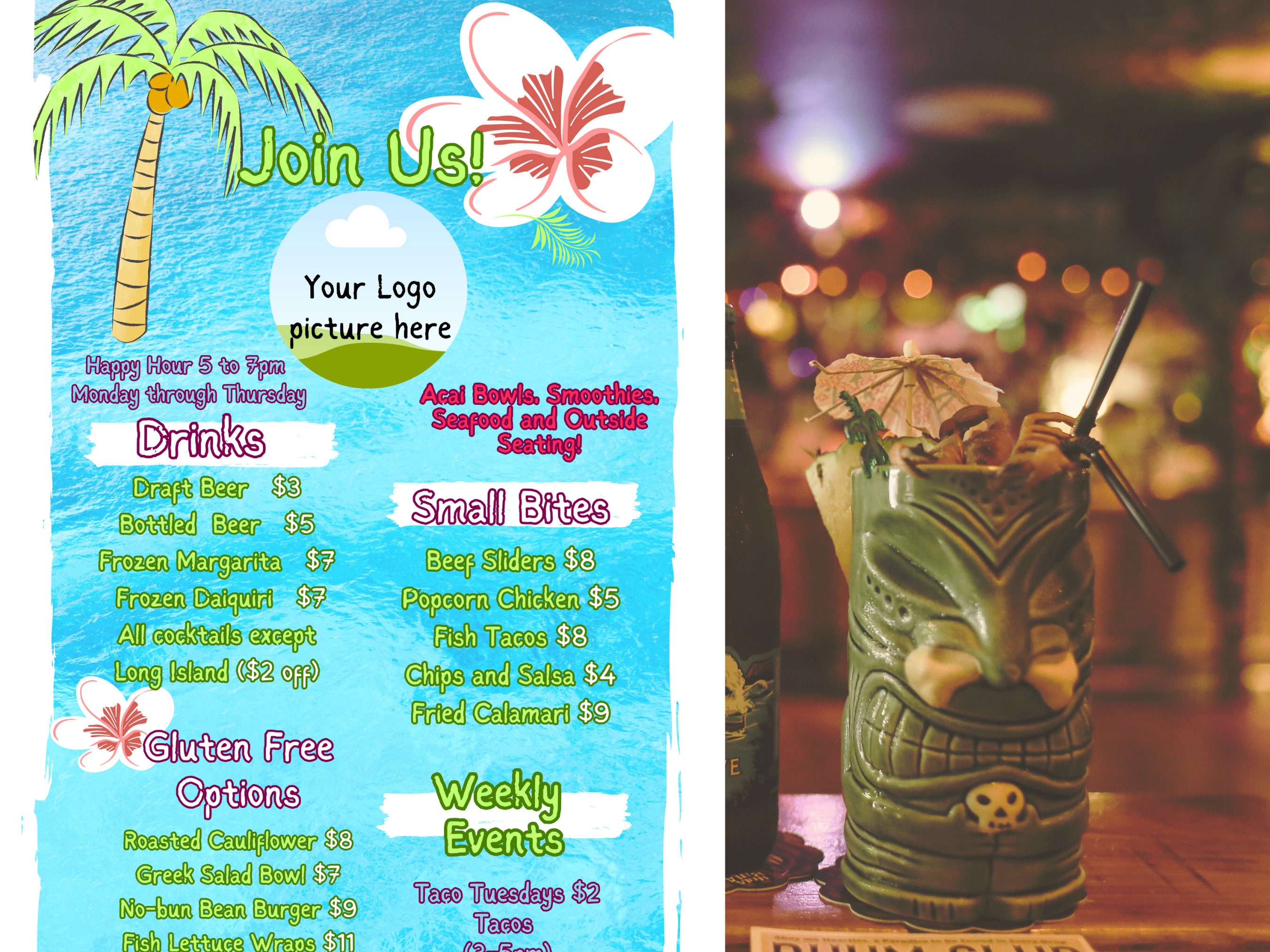 Tropical Beach "happy Hour Menu" Banner and Promo for Specials Events ...