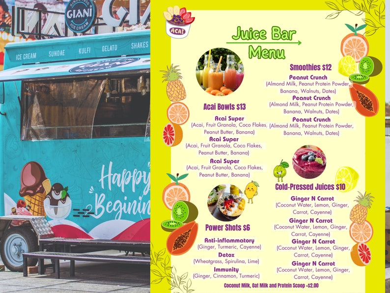 Tropical “juice Bar” Menu for Smoothies and Healthy Food. Printable and ...