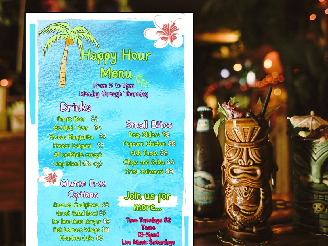 Tropical "happy Hour" Menu Printable and Customizable for Restaurants ...