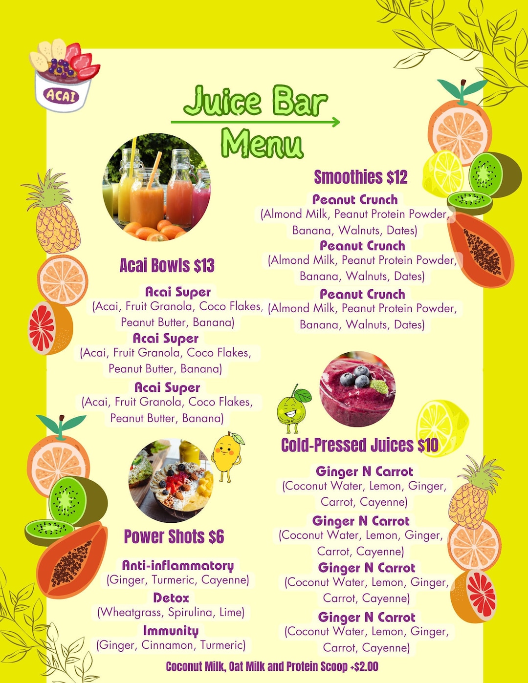 Tropical “juice Bar” Menu for Smoothies and Healthy Food. Printable and ...