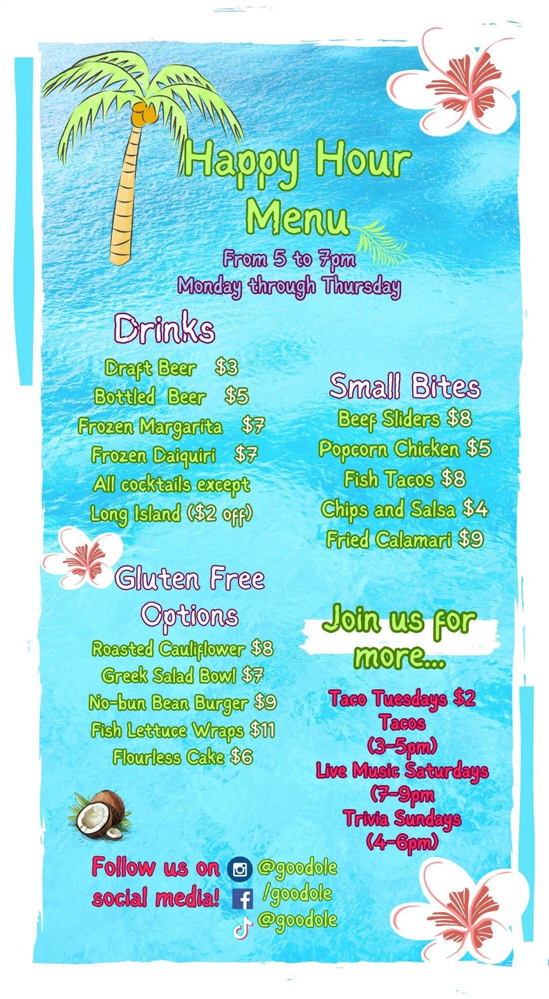 Tropical "happy Hour" Menu Printable and Customizable for Restaurants ...