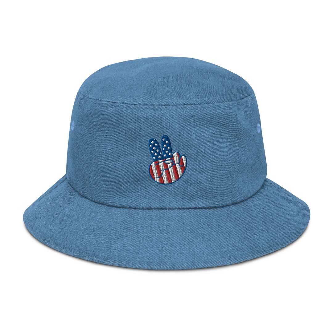 USA Flag Peace Sign Denim Bucket Hat, America Peace, 4th of July Hat ...