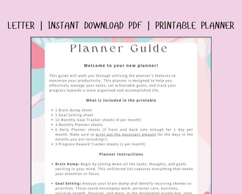Pink Floral 90 Day Undated Goal Setting Daily Planner Printable for ...