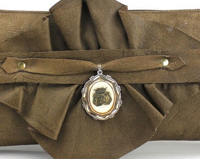 Distressed Brown Leather Ruffle Wrist Clutch Purse With Medieval Cameo ...