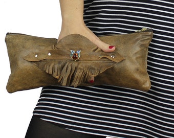 Distressed Brown Leather Ruffle Wrist Clutch With Medieval - Etsy