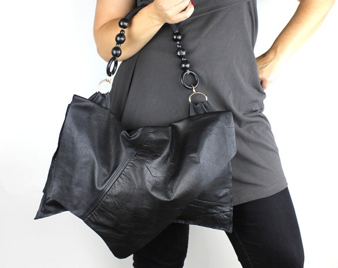 Large Black Leather Jett Handbag With Black Rope & Large Bead Strap ...