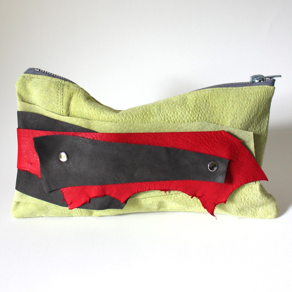 Chartreuse Red and Charcoal Gray Leather Wrist Clutch - Etsy