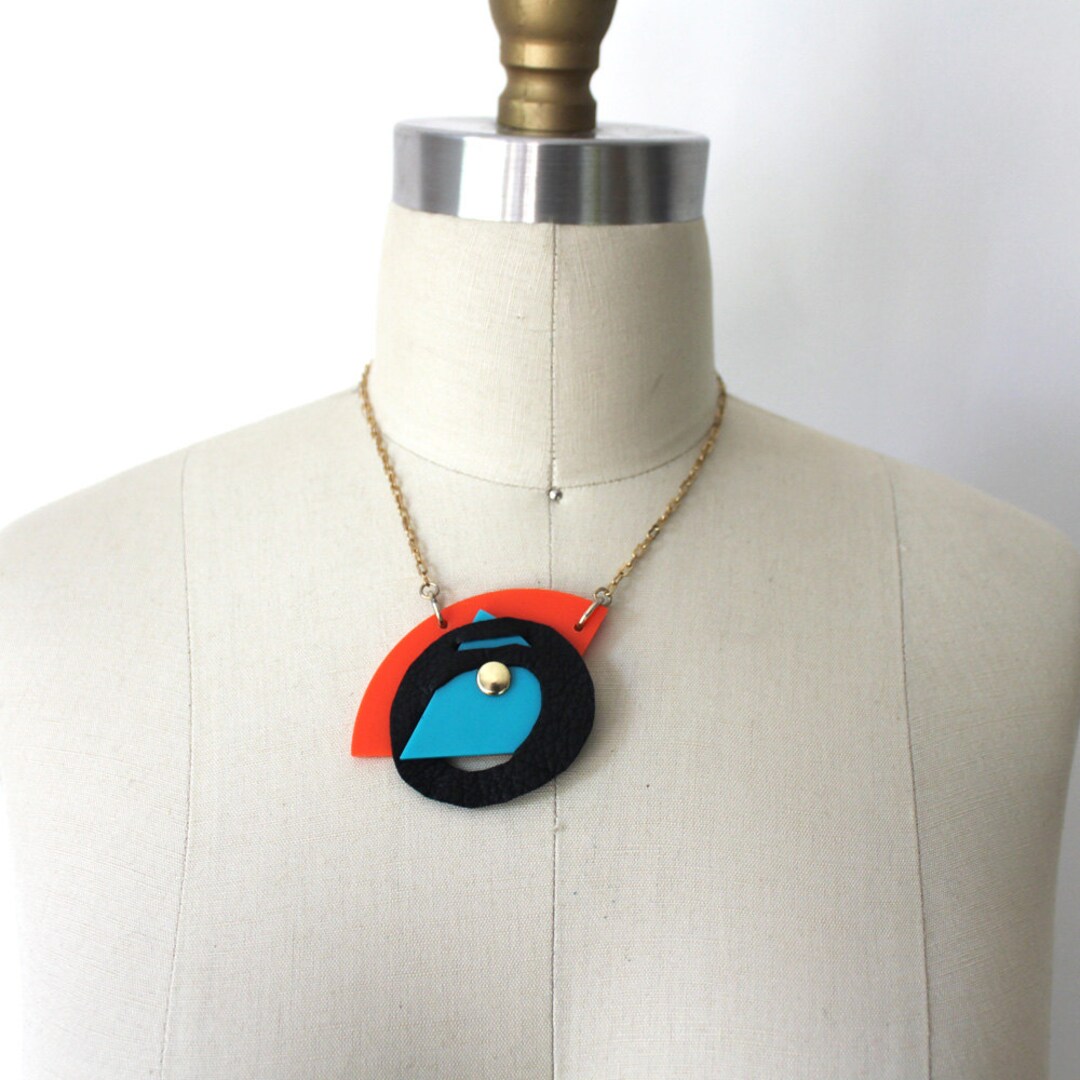 Teal, Orange, Black and Gold Abstract Necklace - Etsy