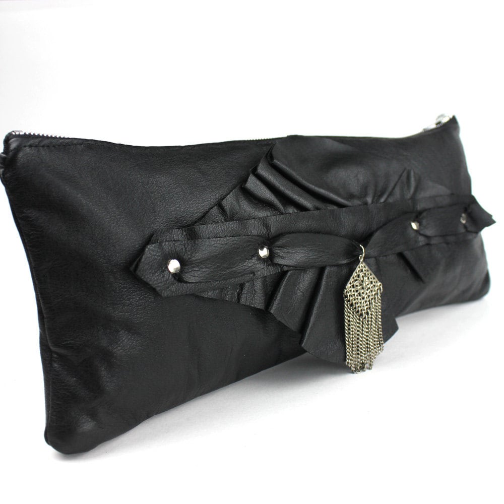 Black Leather Ruffle Wrist Clutch With Silver Chain Tassel - Etsy