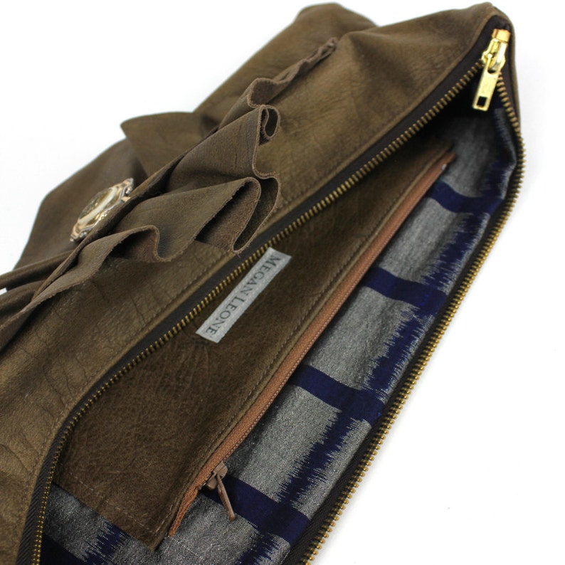 Distressed Brown Leather Ruffle Wrist Clutch Purse With Medieval Cameo ...