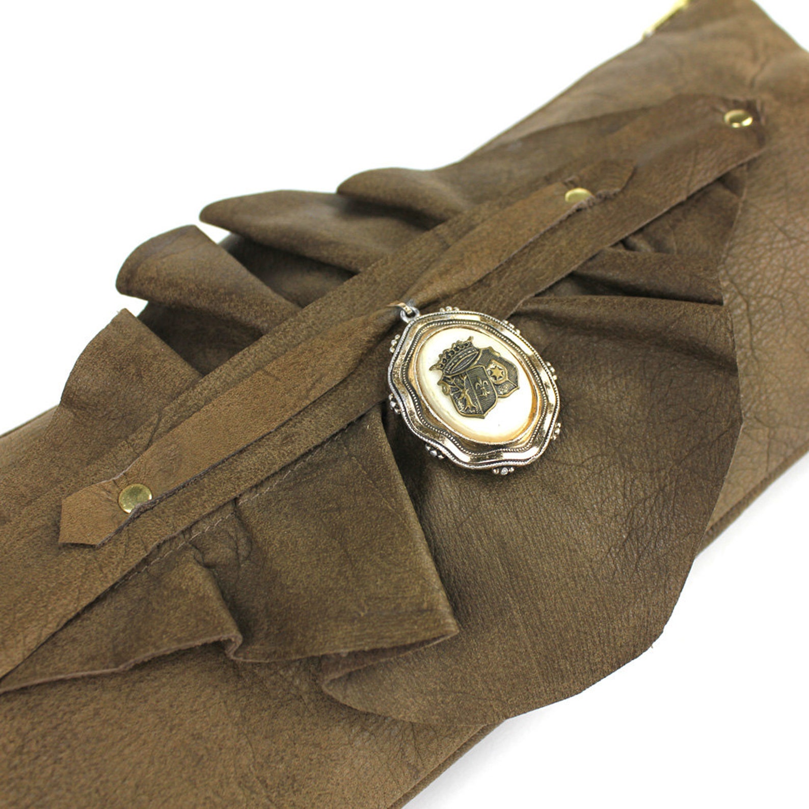 Distressed Brown Leather Ruffle Wrist Clutch Purse With Medieval Cameo ...