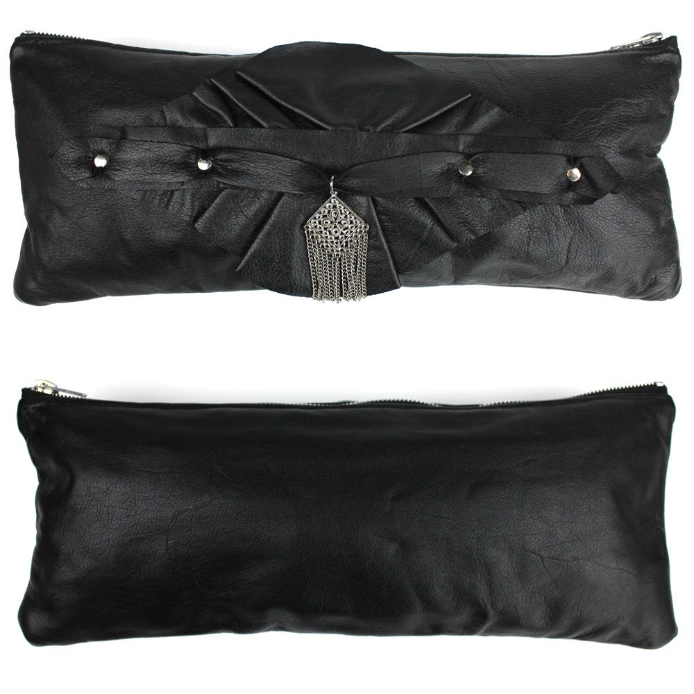 Black Leather Ruffle Wrist Clutch With Silver Chain Tassel - Etsy